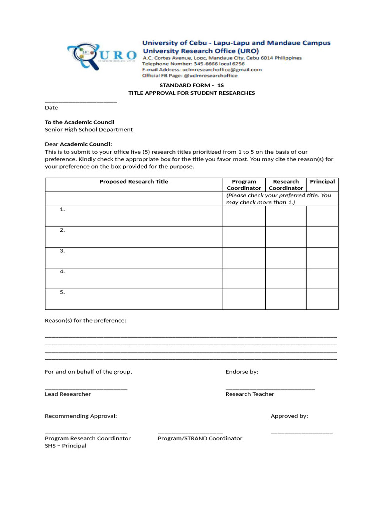SHS Standard Form 1S | PDF