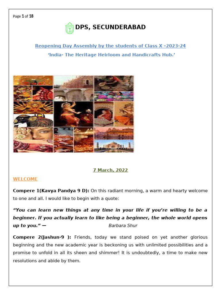 CL X-Inaugural Assembly Script-2023-24 (Latest) | PDF