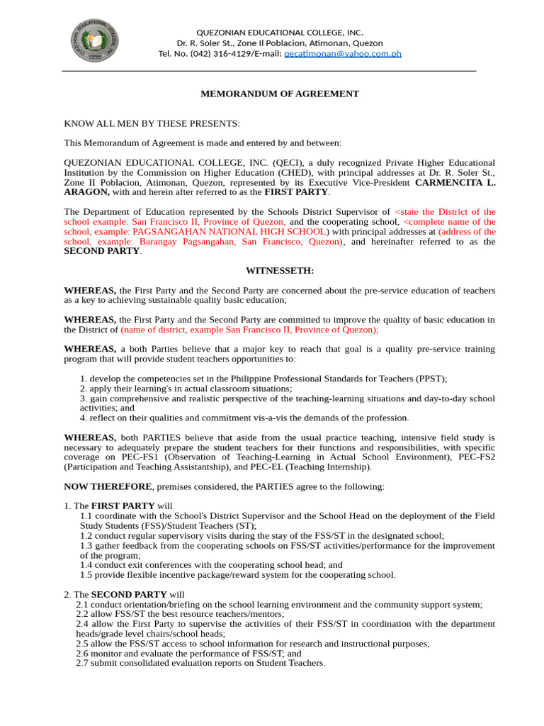 QECI MEMORANDUM OF AGREEMENT FS1 FS2 and INTERNSHIP BEED BSED Ver2025 ...