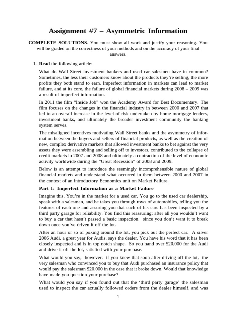 Assignment8 Asymmetric Information | PDF | Bonds (Finance) | Subprime Lending