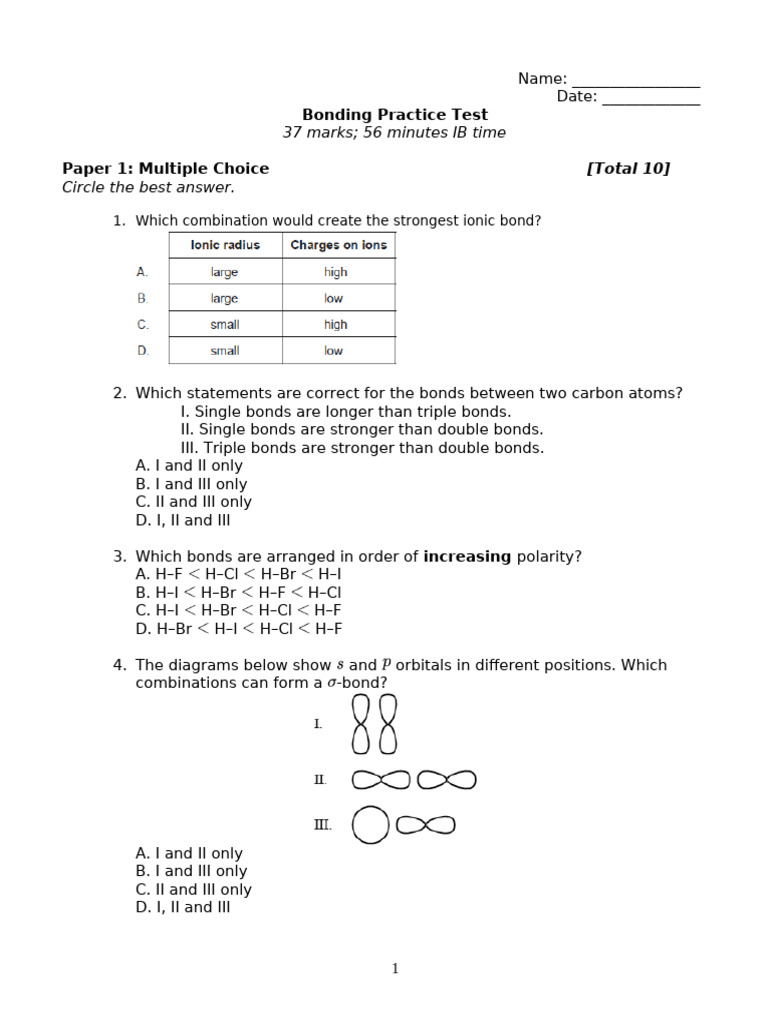 Bonding Practice Test HL | PDF | Chemical Bond | Chemical Polarity