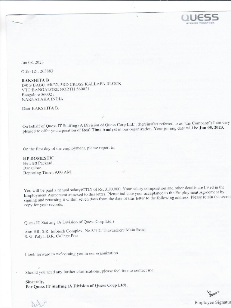 Rakshitha B Offer Letter | PDF