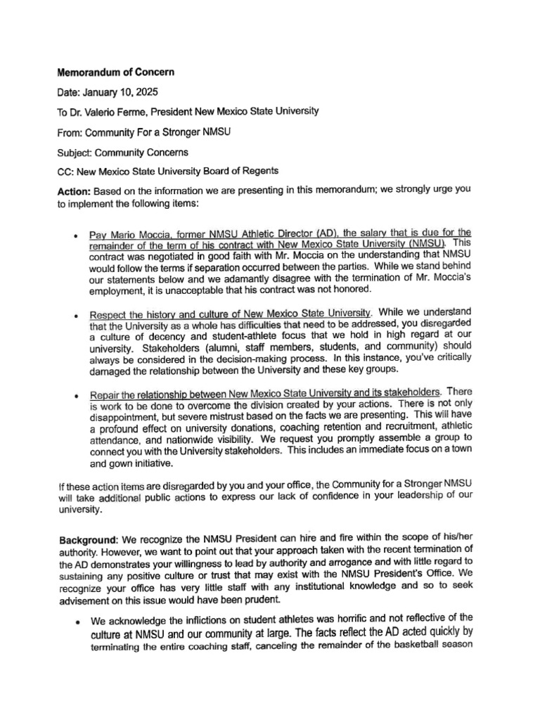 The Community For A Stronger NMSU Letter Sent To NMSU President Valerio ...