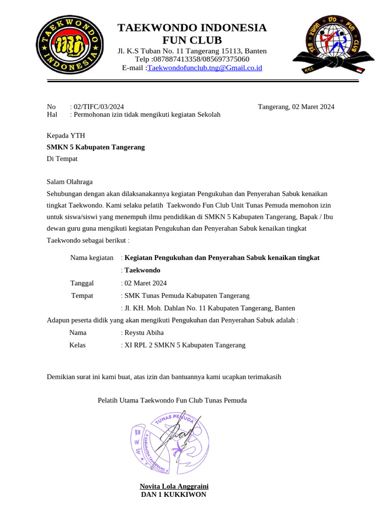 Surat Izin Dispensasi Rey | PDF