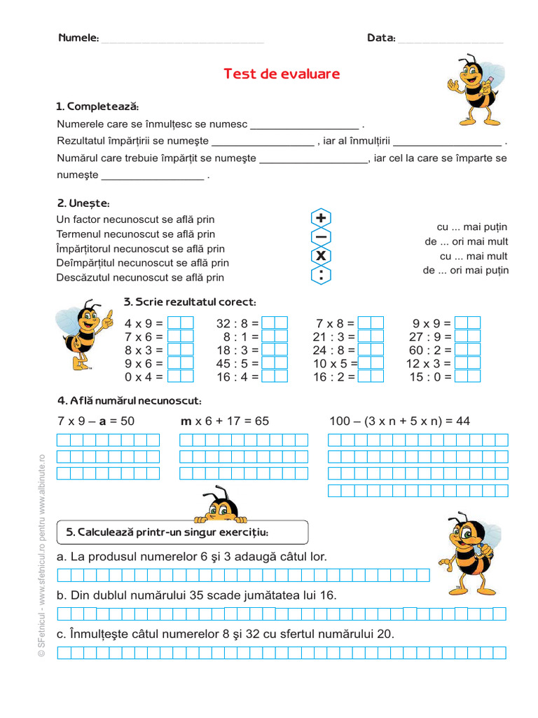 Test de evaluare, matematică, clasa a III-a