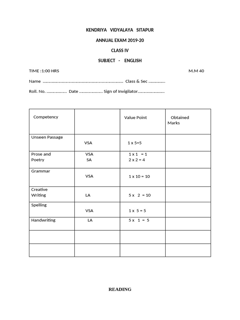 Class IV English PT I 2019 20 | PDF | Bees | Beehive