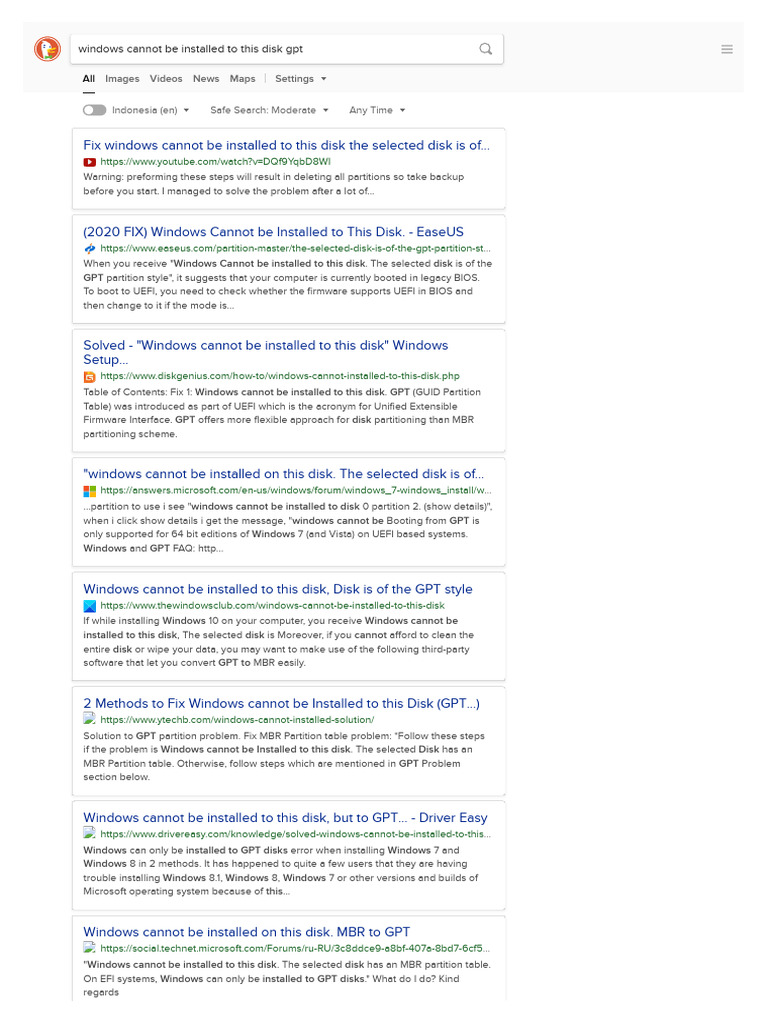 Windows Cannot Be Installed To This Disk Gpt At Duckduckgo Pdf Computing Platforms System