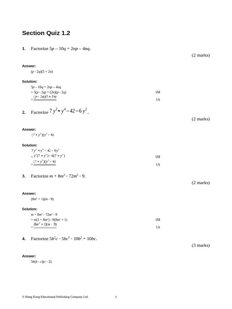 SectionQuiz 2A Ch01 1.2 S E Sol | PDF