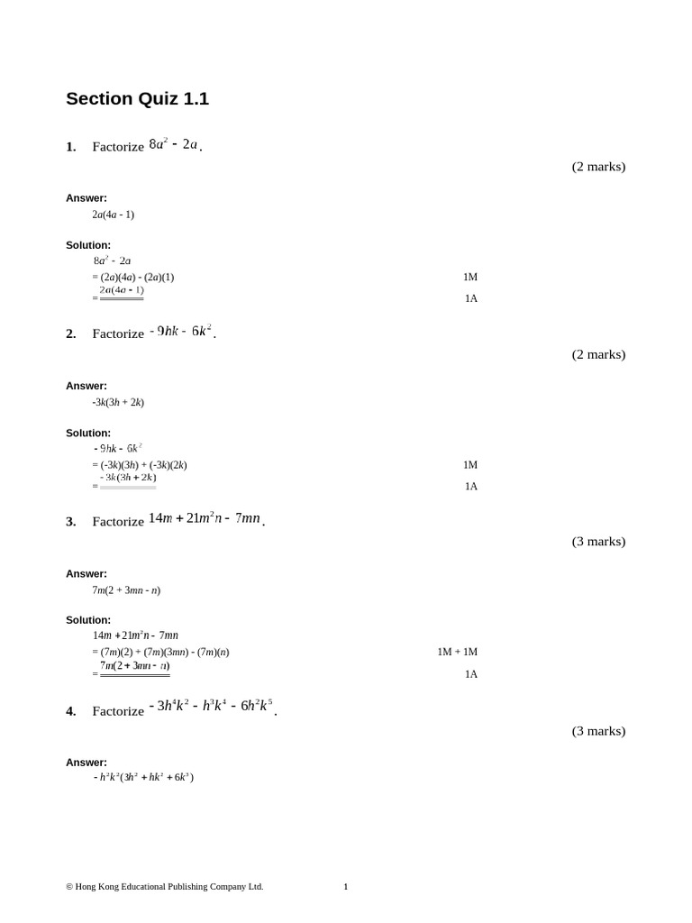 SectionQuiz 2A Ch01 1.1 S E Sol | PDF