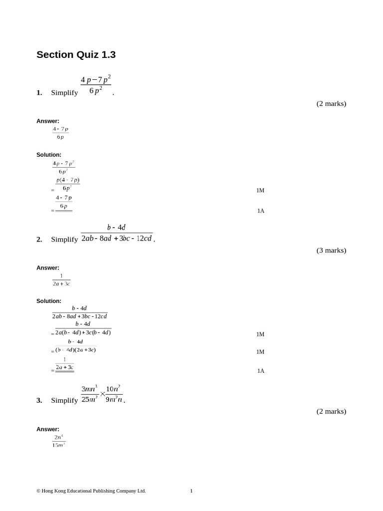 SectionQuiz 2A Ch01 1.3 S E Sol | PDF