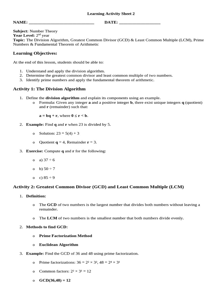 Learning Activity Sheet 2 | PDF | Division (Mathematics) | Abstract Algebra