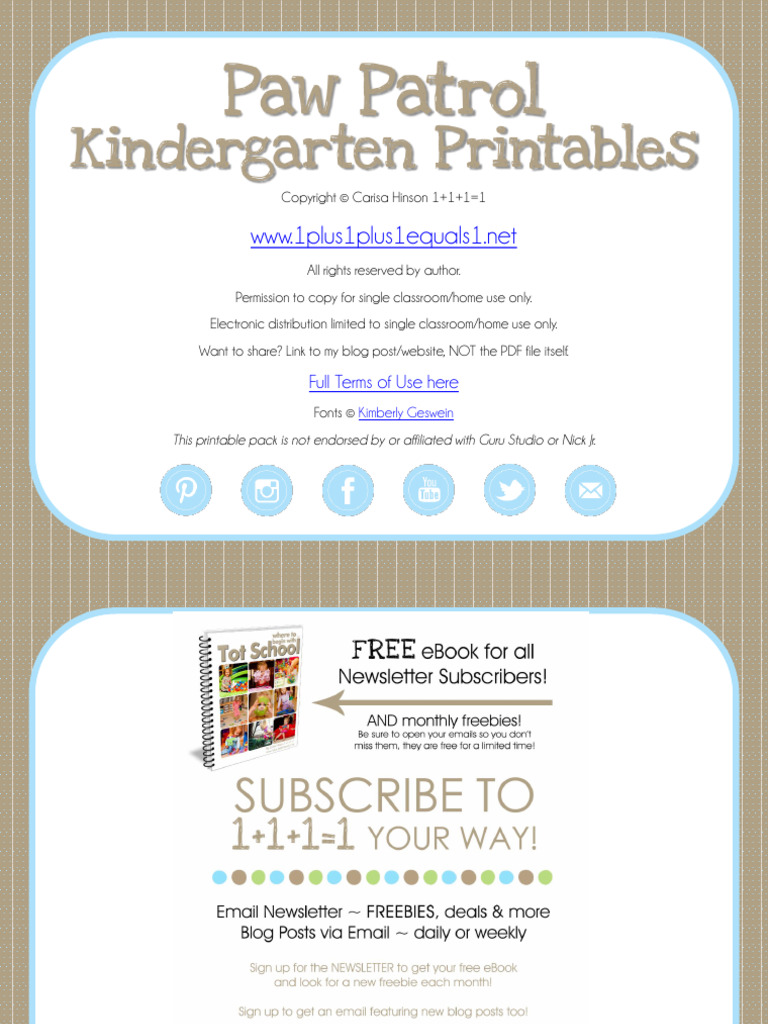 Paw Patrol Kindergarten Printables | PDF