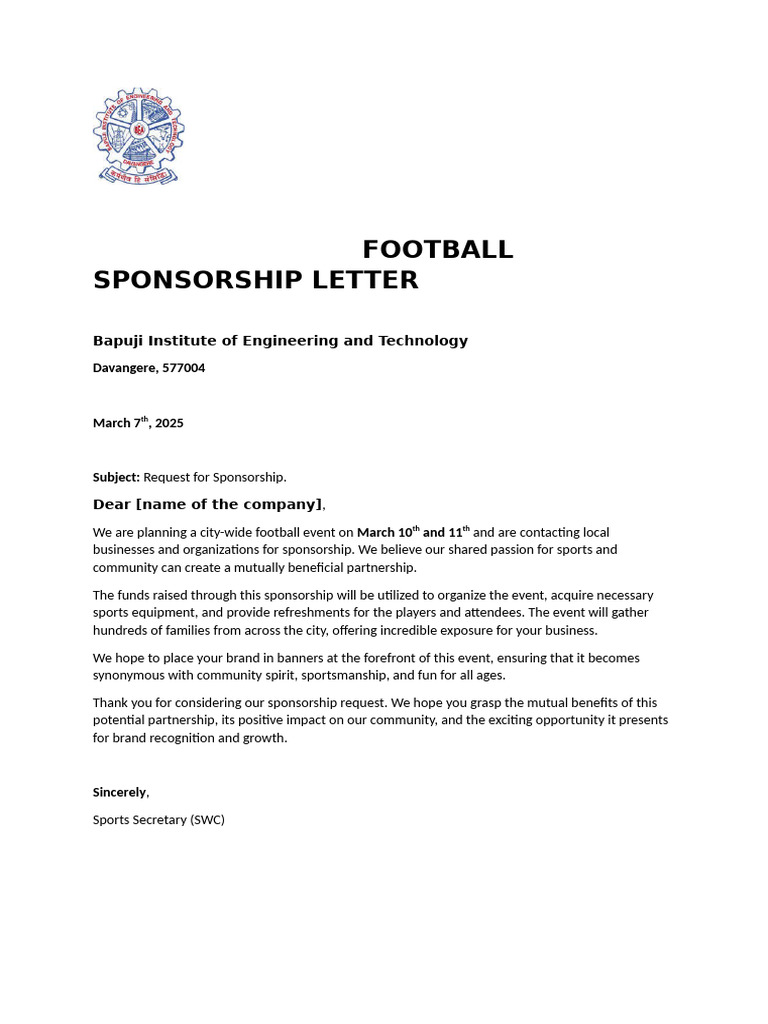Football Event Sponsorship Request | PDF