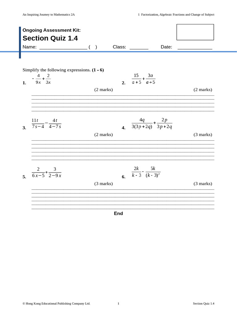 SectionQuiz 2A Ch01 1.4 S E | PDF | Mathematics | Algebra