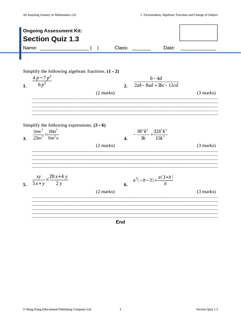 Algebraic Fractions & Factorization Quiz | PDF | Mathematics | Algebra