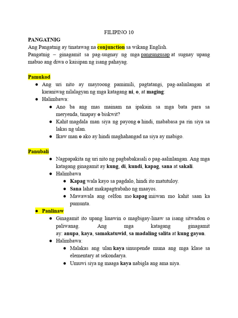 FILIPINO 10 Pangatnig | PDF