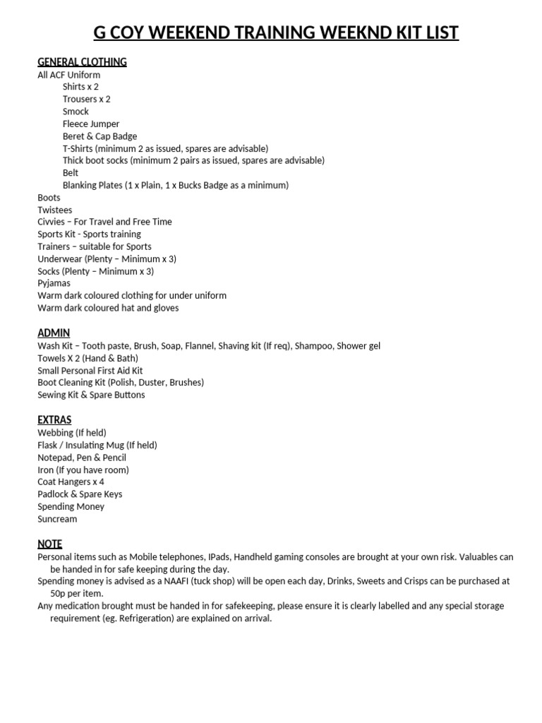 Kit List - G Coy Training Weekend | PDF
