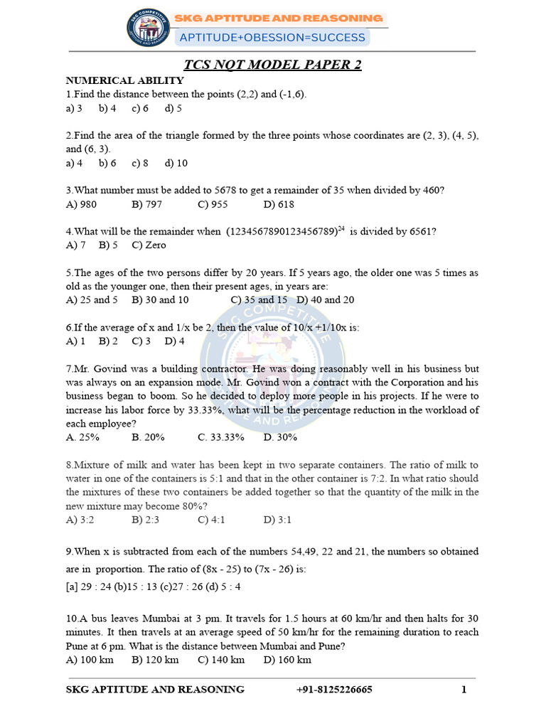 TCS NQT Model Paper 2: Numerical Ability | PDF | Ratio | Arithmetic