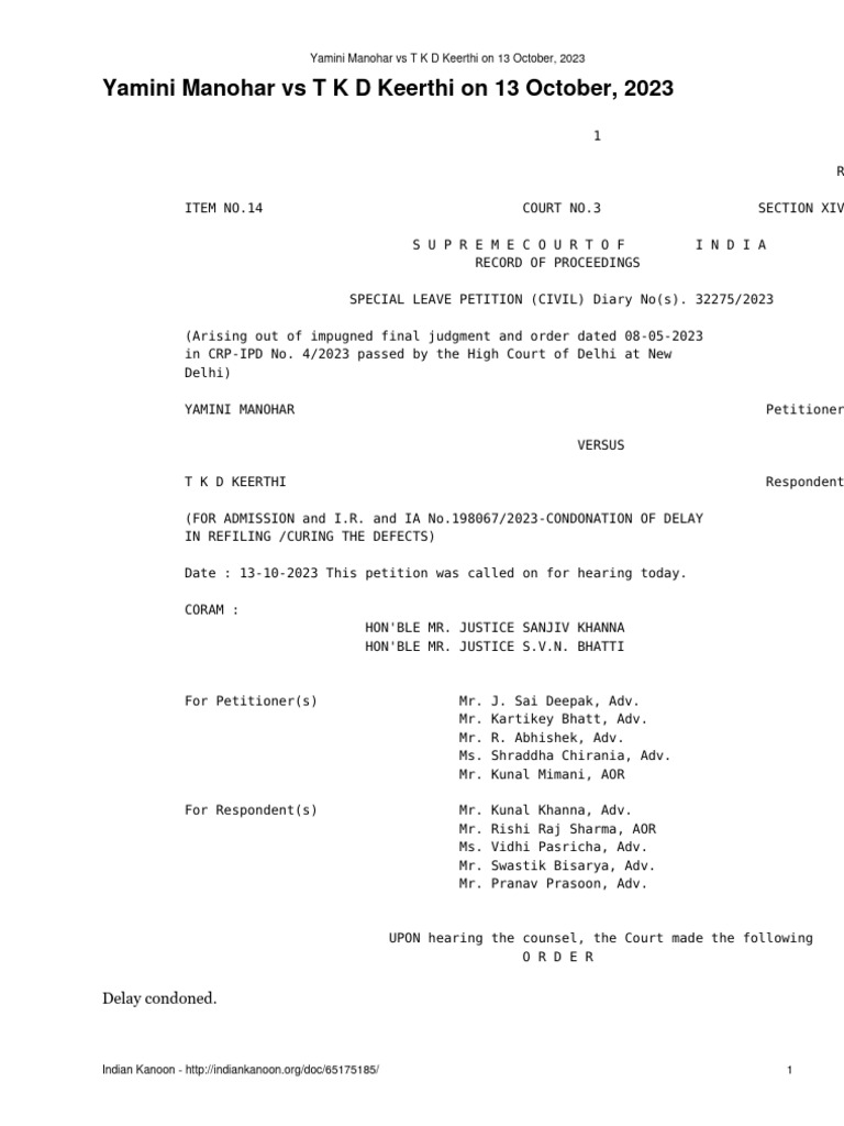Yamini Manohar Vs T K D Keerthi On 13 October 2023 | PDF | Lawsuit | Mediation