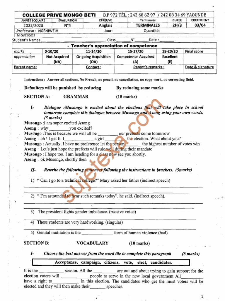 TleA4-English-4e-seq-Col P M Beti 2022!2023 | PDF | Linguistics | Syntax