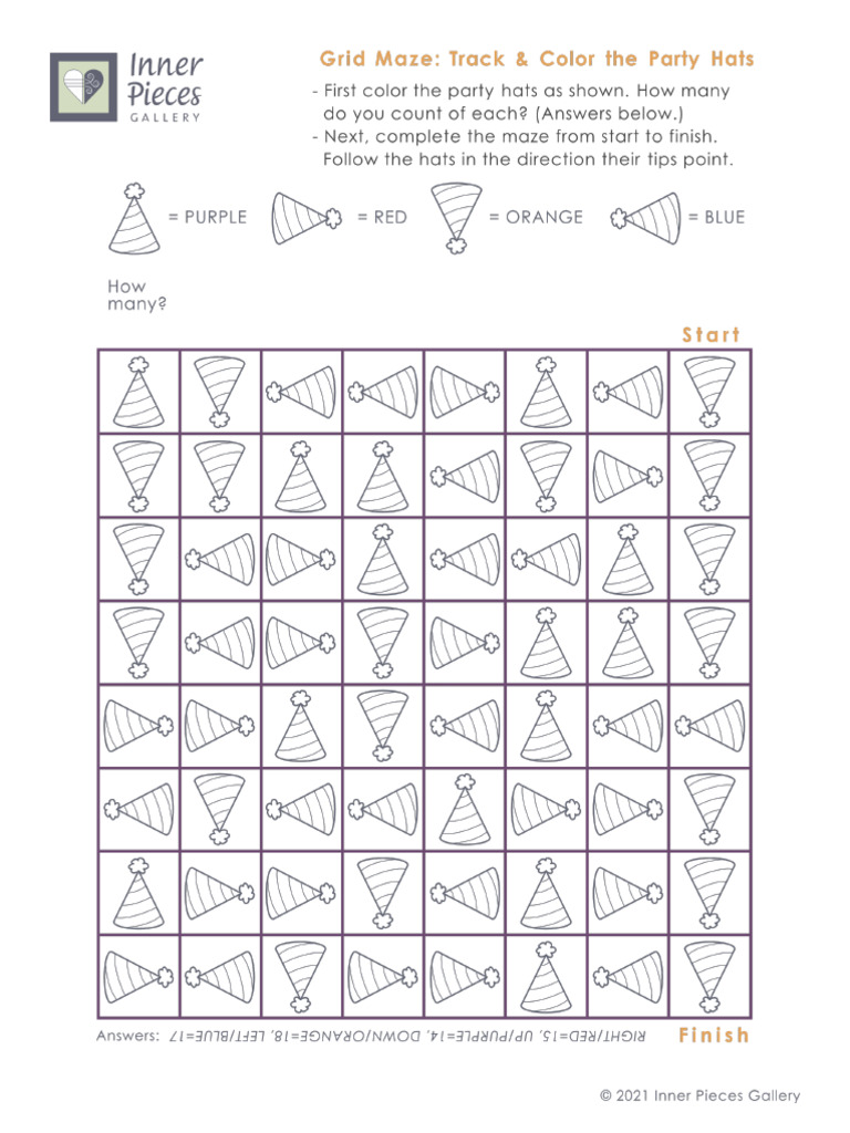Grid Maze Track and Color the Party Hats | PDF