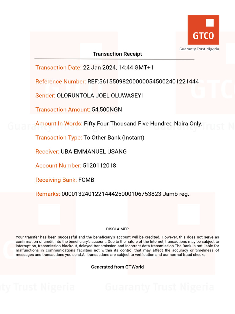 UBA Transfer Confirmation Receipt | PDF