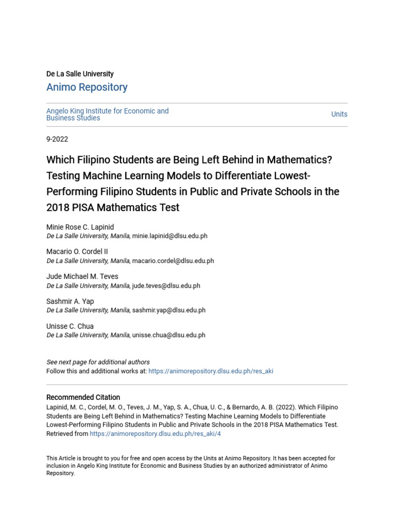 Filipino Students' Math Performance Analysis | PDF | Support Vector ...