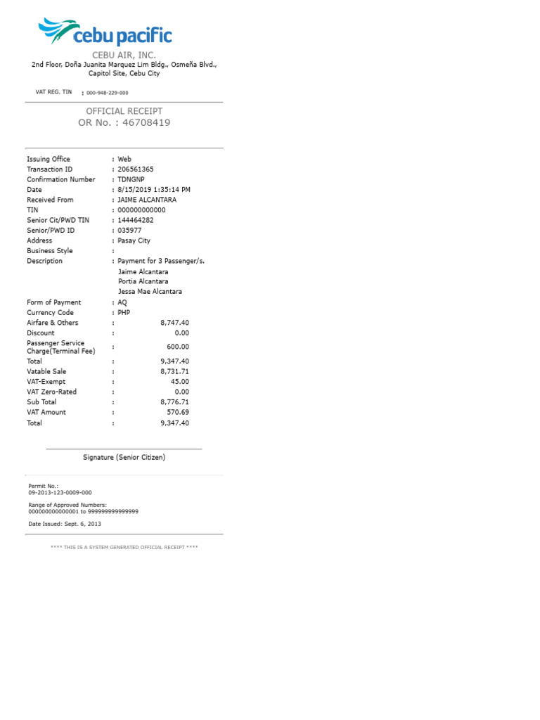 CEBU AIR Official Receipt Details | PDF