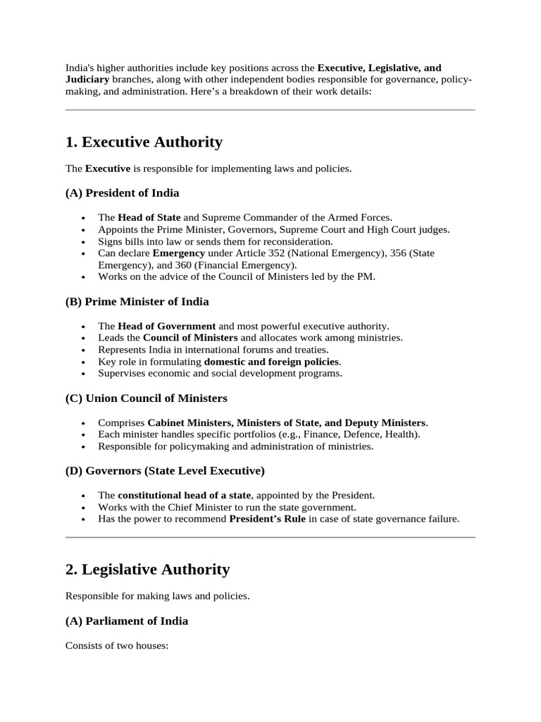 Overview of India's Higher Authorities | PDF | Government Of India ...