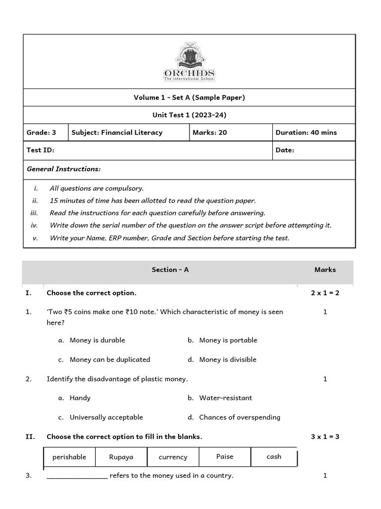 UT1 - V1 - Sample - Grade 3 - Financial Literacy - QP - Set A | PDF ...