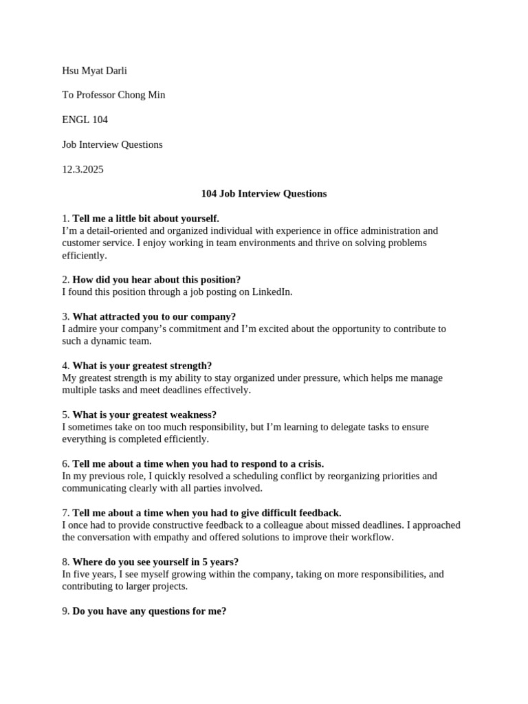 104 interview questions by Hsu Myat Darli | PDF | Job Interview | Computing