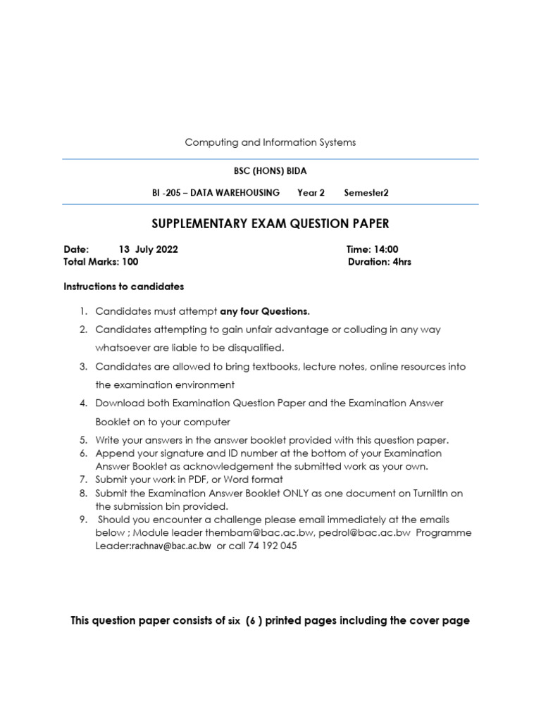 Data Warehousing Supplementary Exam 2022 | PDF | Data Warehouse | Data ...