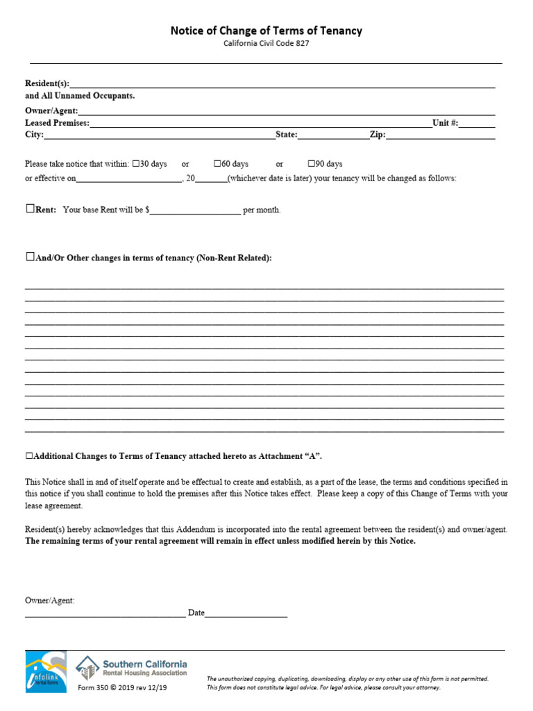 Notice of Change of Tenancy Terms | PDF | Lease | Civil Law (Common Law)