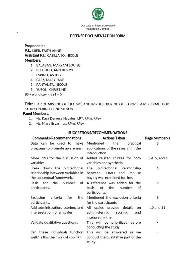 Defense Documentation Form 1 | PDF | Psychology | Behavioural Sciences