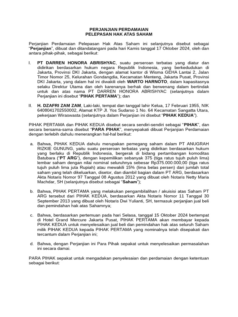 Perjanjian Perdamaian Saham PT ARG | PDF