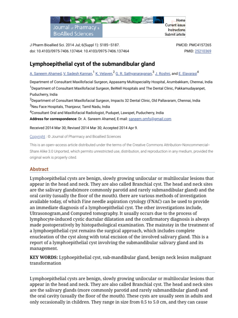 Lymphoepithelial Cyst of The Submandibular Gland | PDF | Animal Anatomy ...