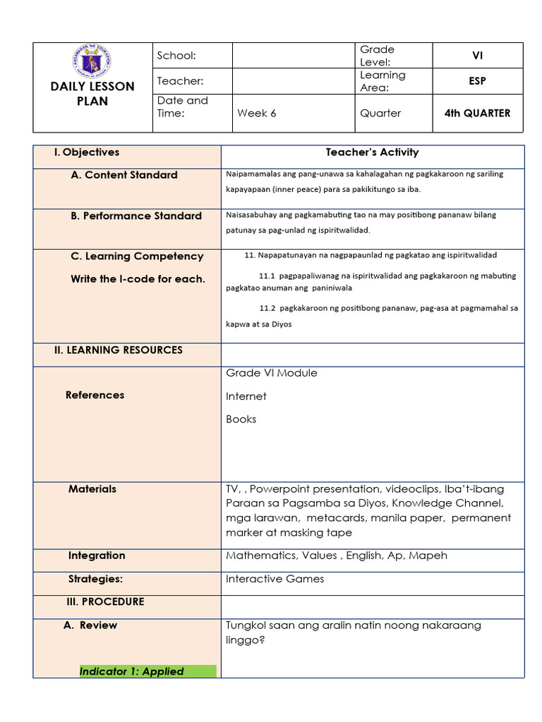 Daily Lesson Plan: VI ESP 4Th Quarter | PDF