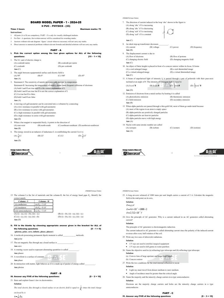 Board Model Paper - 1 - 2024-25: Ii Puc - Physics | PDF | Photoelectric Effect | Magnetism