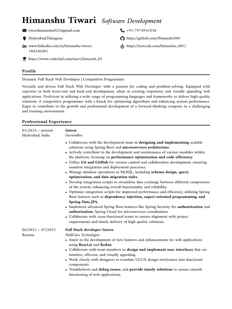 Himanshu Tiwari FlowCV Resume 20240313 | PDF | Software Development | Databases