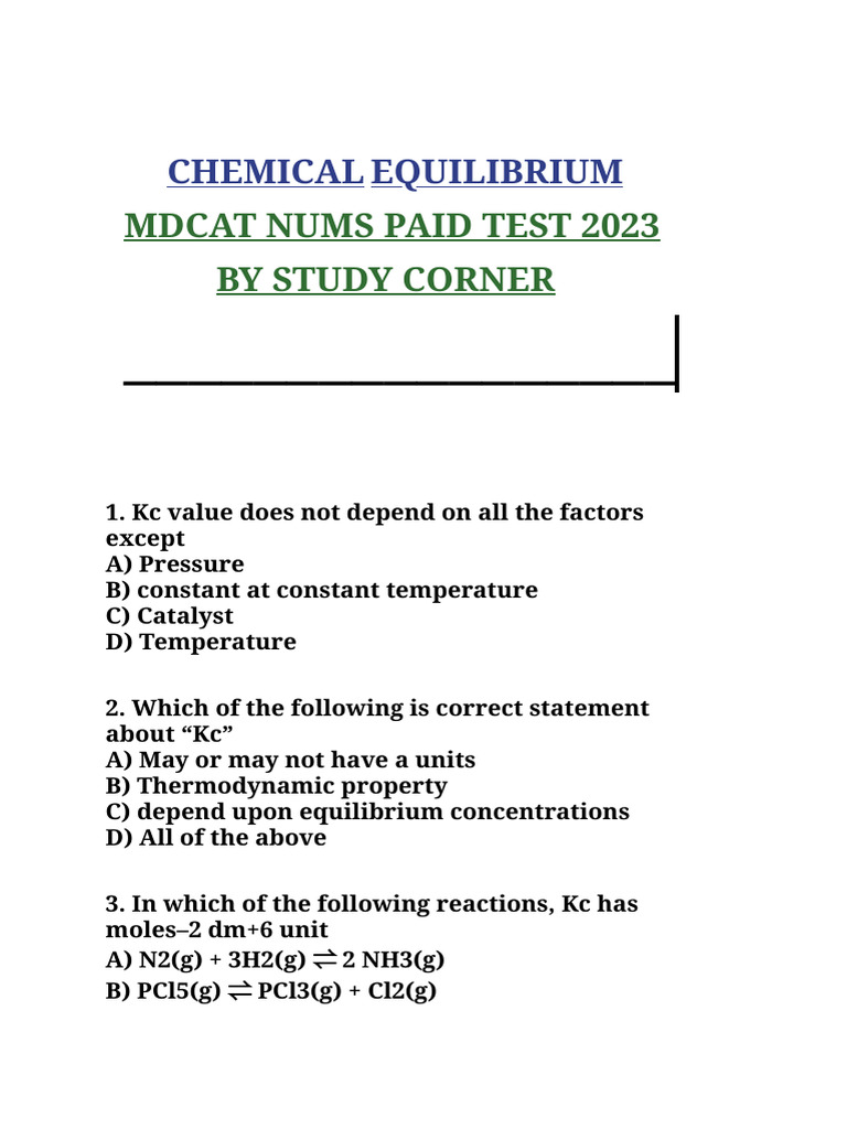 CHEMICAL EQUILIBRIUM MCQS MDCAT NUMS PAID TEST 2023 BY STUDY CORNER ...