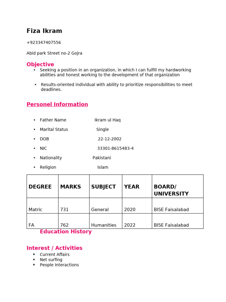 Fiza Ikram: Objective | PDF