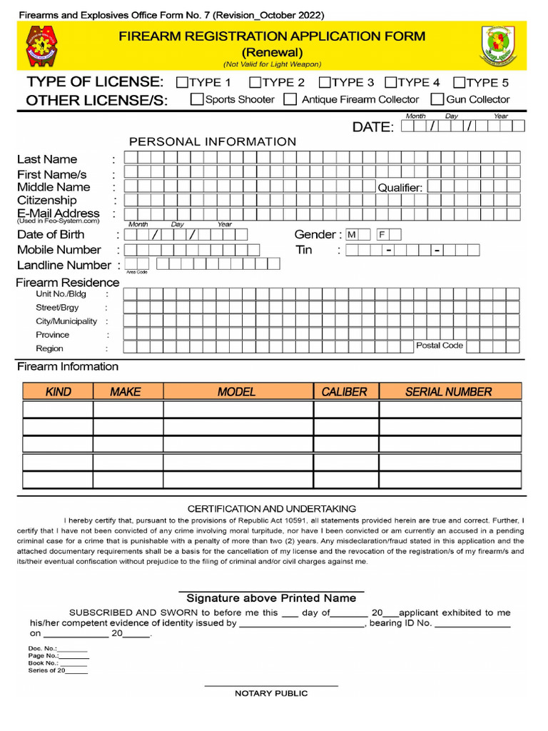 FEO FORM No. 7 Firearm Registration Application Renewal | PDF