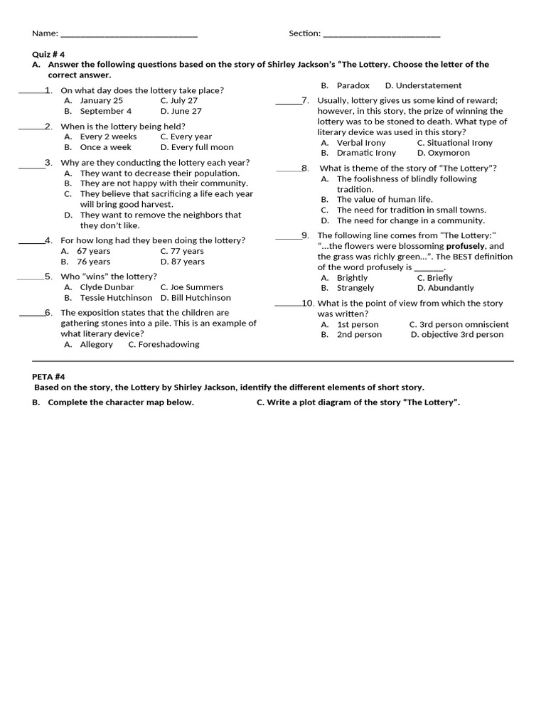 The Lottery Quiz Activity | PDF | Irony