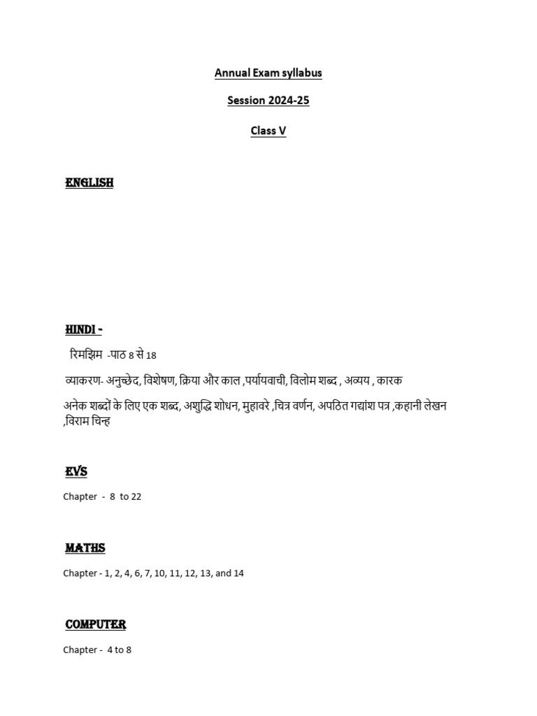 Annual Exam Syllabus Session 2024-25 Class 5 | PDF