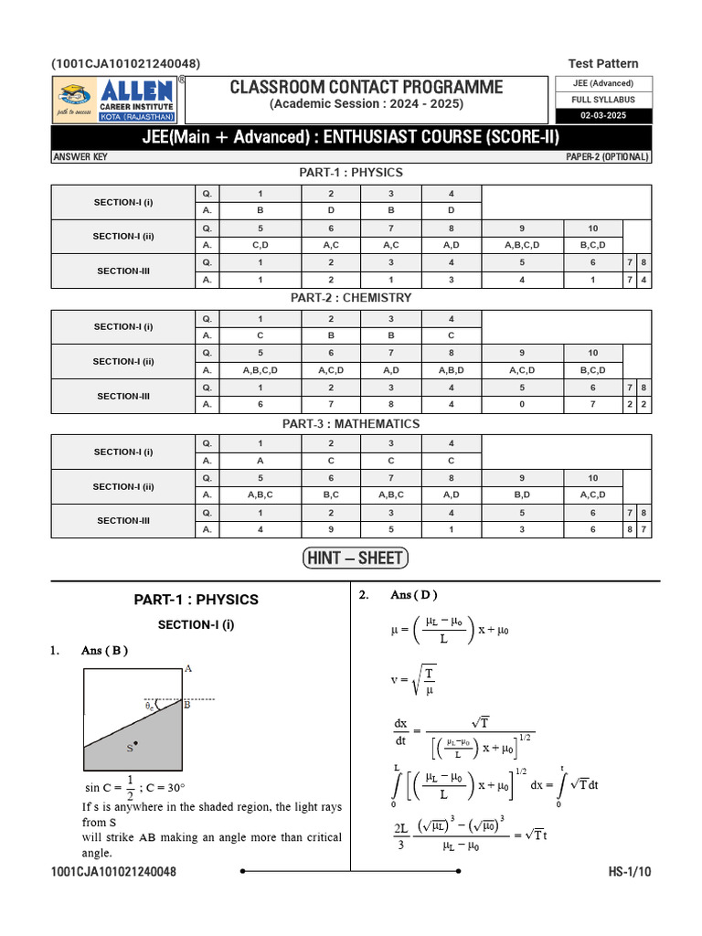 0203 Enthusiast Score-II Answerkey Solution P | PDF | Physics | Physical Quantities