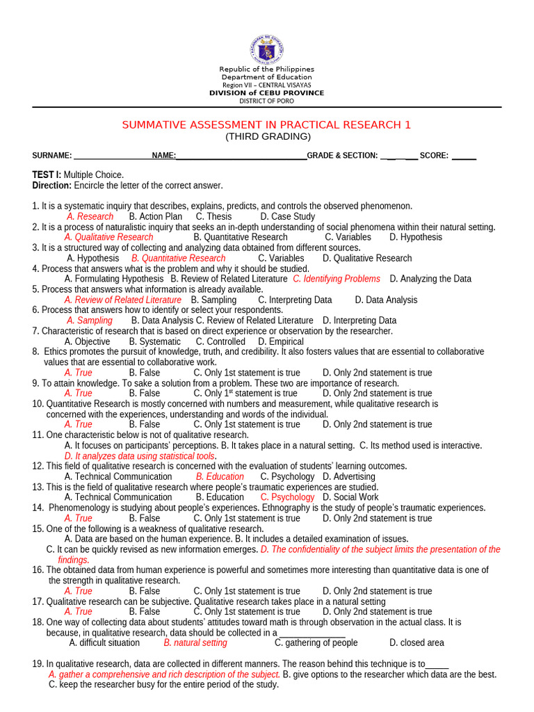 Exam PR 1 3RD 2 6-7 2024-2025 Answer Key | PDF | Qualitative Research ...