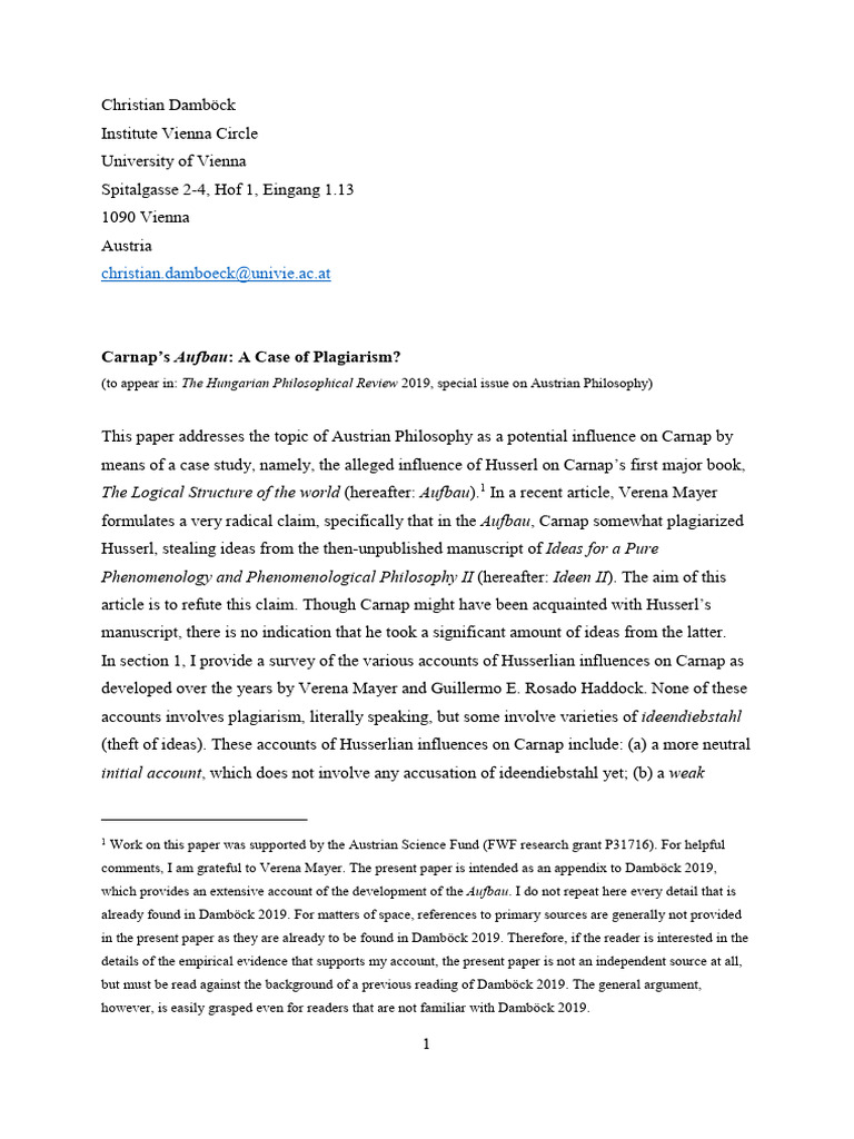 Carnap's Aufbau A Case of Plagiarism | PDF | Edmund Husserl | Plagiarism