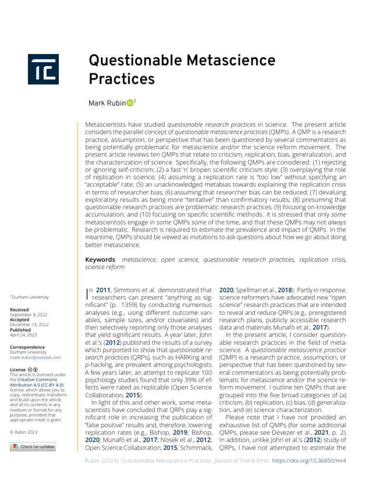 Rubin - 2023 - Questionable Metascience Practices | PDF | Science | Inquiry