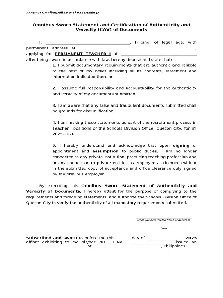 Annex G-Omnibus Sworn Statement (Teacher I) | PDF | Affidavit