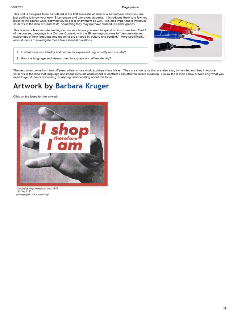 Artistic Expressions of Identity Barbara Kruger and Sara Rahbar | PDF ...